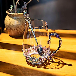 SWTHONY Glass Tea Cup Mug with Spoon European Style Carved Flower Glass Coffee Mugs Cups Set Rhinestone Glass Drinking Fancy Tea Cups Mugs Set Birthday Gift for Women Wife Mom Grandma