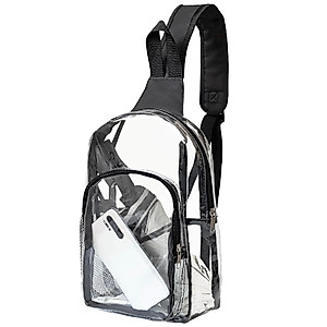 BAJNOKOU Clear Sling Bag Stadium Approved,Crossbody PVC Chest Backpack Mini Transparent Casual Daypack with Adjustable Strap Bags for Women Men Hiking Concerts,Black