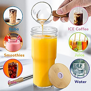 Cafezi 24oz Mason Jar Drinking Glasses with Bamboo Lids and Straws 2 Pack，Reusable Boba Cup Smoothie Tumbler Glass Bubble Tea Cup，Iced Coffee Cup，BPA Free, Dishwasher Safe