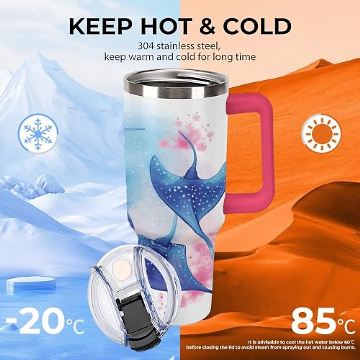 WYUSPGK 40oz Stainless Steel Car Mug, Sea Animals Stingrays Print Travel Mug, Double-Wall Insulated with Straw, Perfect for Car, Office, Outdoor