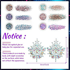 8 Pieces Halloween Jewels Tattoo Body Gems Rhinestone Sticker with 6 Boxes Chunky Holographic Face Hair Glitter Crystals Face Stickers Jewels for Rave Festival Makeup(Vivid Style)