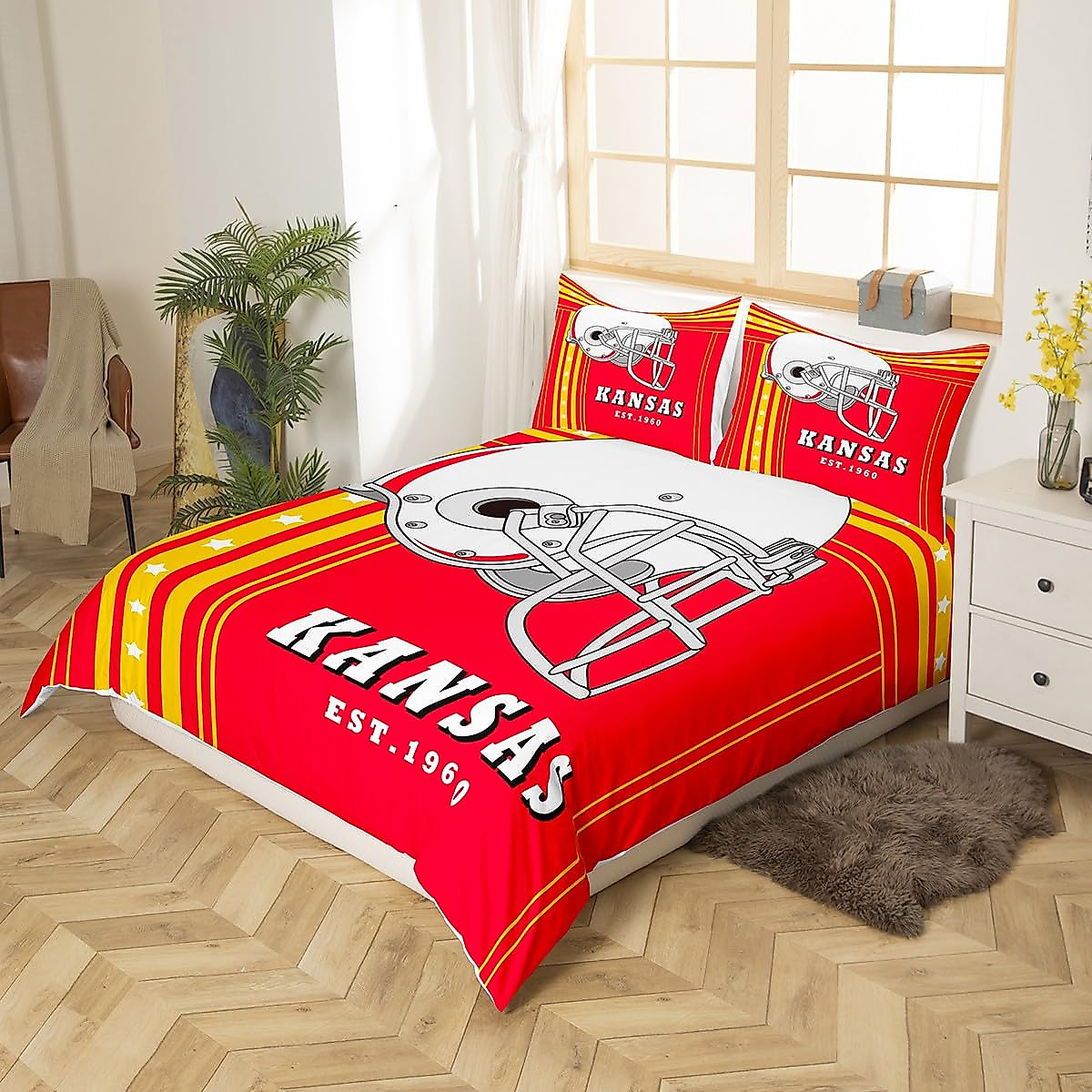 Erosebridal American Football City Duvet Cover Football Sports Game Full Bedding Set with 2 Pillowcases, American Football Helmet Comforter Cover Teen Boys Football Bedroom Decor, Yellow Red (Kansas)