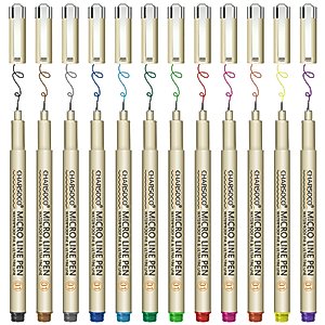 CHARSOCO 01 Micro Pen, Fine Point Pen with 12 Colors, Waterproof Archival Ink, 0.25mm Fineliner Ink Pens for Artist Illustration, Sketching, Anime, Manga, Technical Drawing and Scrapbooking