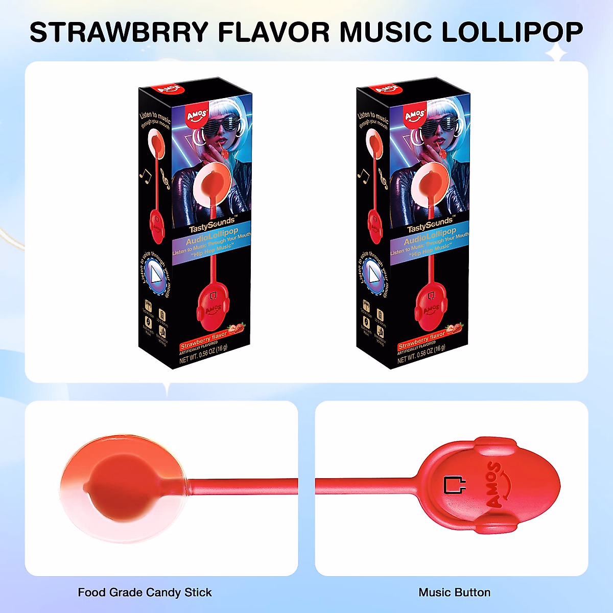 Music Lollipop Suckers,AMOS Audio Lollipop Sugar Free, Singing Lollipop Individually Wrapped, Novelty Gift for Mothers Day (Strawberry, Pack of 1)
