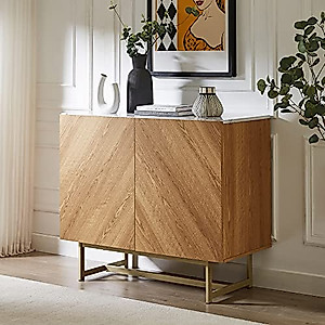 roomfitters 39" Modern Sideboard Buffet Cabinet, Herringbone Pattern Mid-Century Credenza with Doors, Media Console with Storage, Wine Cabinet for Kitchen, Living Room, Entryway, Oak, Gold Metal Legs