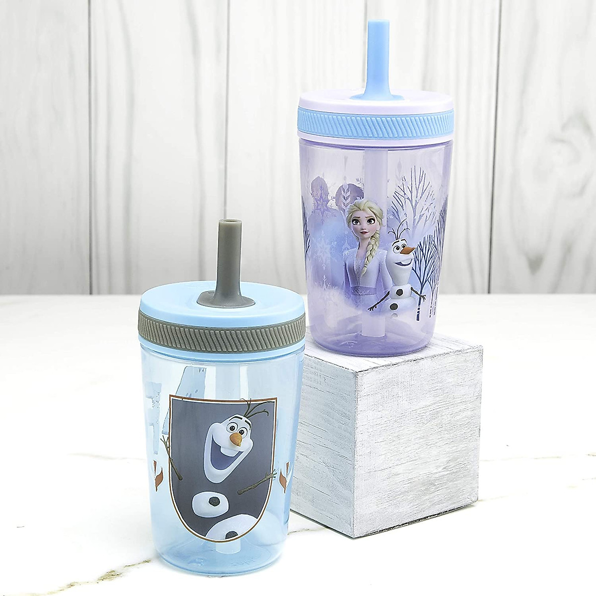 Zak Designs Disney Frozen II Movie Kelso Tumbler Set, Leak-Proof Screw-On Lid with Straw, Made of Durable Plastic and Silicone, Perfect Bundle for Kids (Frozen 2 Olaf, 15 oz, BPA-Free, 2pc Set)