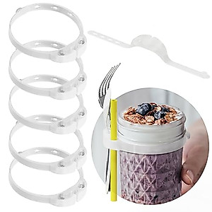 NEOHANA 6 Pack Mason Jar Spoon Straw Holder White Silicone Adjustable Hanging Scoop Ring for Overnight Oats Container Round and Square Glass Jars