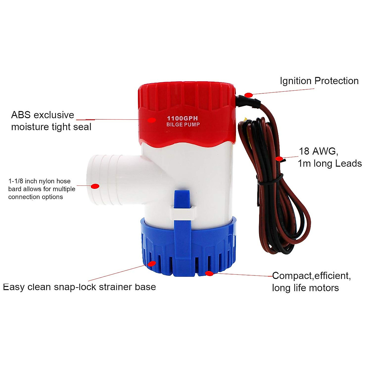 Submersible Boat Bilge Water Pump 12v 1100gph Non-Automatic Marine Electric Bilge Pump for Ponds, Pools, Spas Silent, Boat Caravan RV Submersible