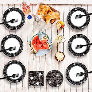 96 Pcs Halloween Party Paper Plates Napkins Supplies Set Spider Web Disposable Tableware Decorations Get Together Celebration Halloween Birthday Party Favors for 24 Guests