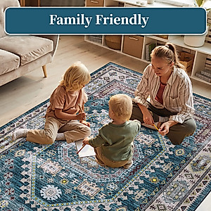 RUGSREAL Washable Area Rug 9x12 Large Blue Rug Vintage Area Rug, Easy-Cleaning, Non Shedding, Perfect for Living Room Bedroom Dining Room Soft Accent Rug Farmhouse Office,9x12