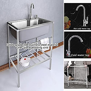 Free Standing Utility Sink Stainless Steel 1 Compartment Commercial Kitchen Sink Set Washing Station Hand Basin w/Cold Hot Water Pipe Faucet and Storage Shelves for Indoor Outdoor Laundry Garage (Col