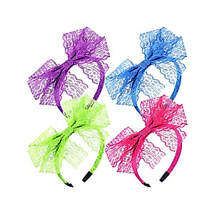Blulu 80's Lace Headband Costume Accessories for Halloween 80s Theme Party, Avoid Headache Neon Lace Bow Headband, Set of 4 (Red, Fluorescent Green, Lake Blue, Purple)