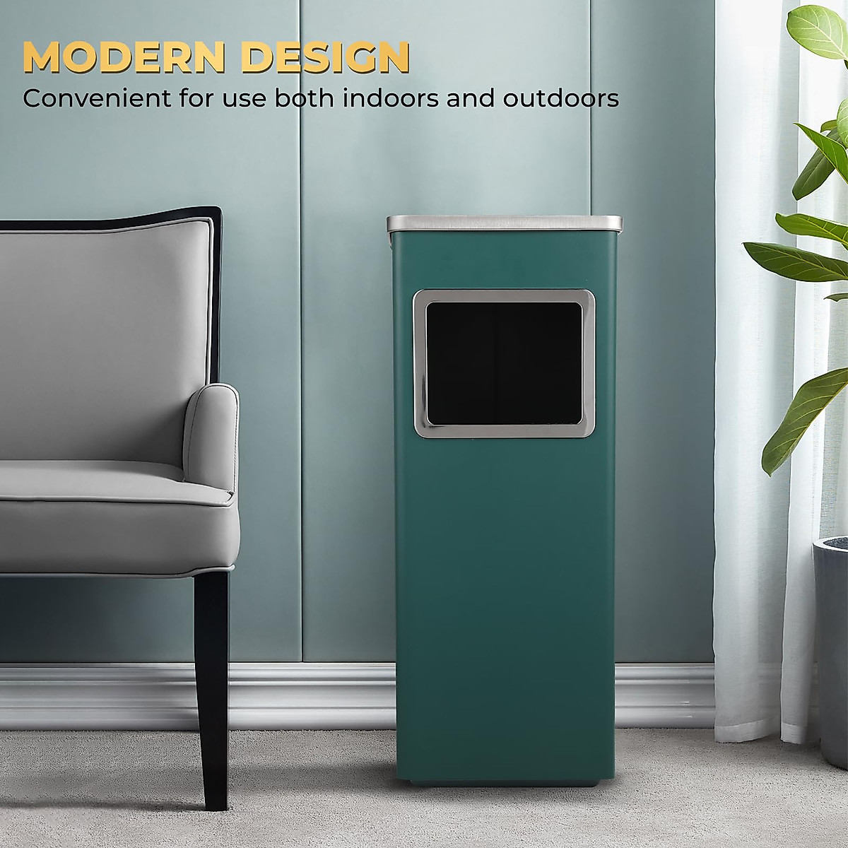 POWLAB Trash Can Outdoor Waste Container Square Stainless Steel Trash Can with Removable Inner Bucket for Disposal Commercial Waste Container 9.45‘’ x 9.45‘’ x 24.02‘’-Green