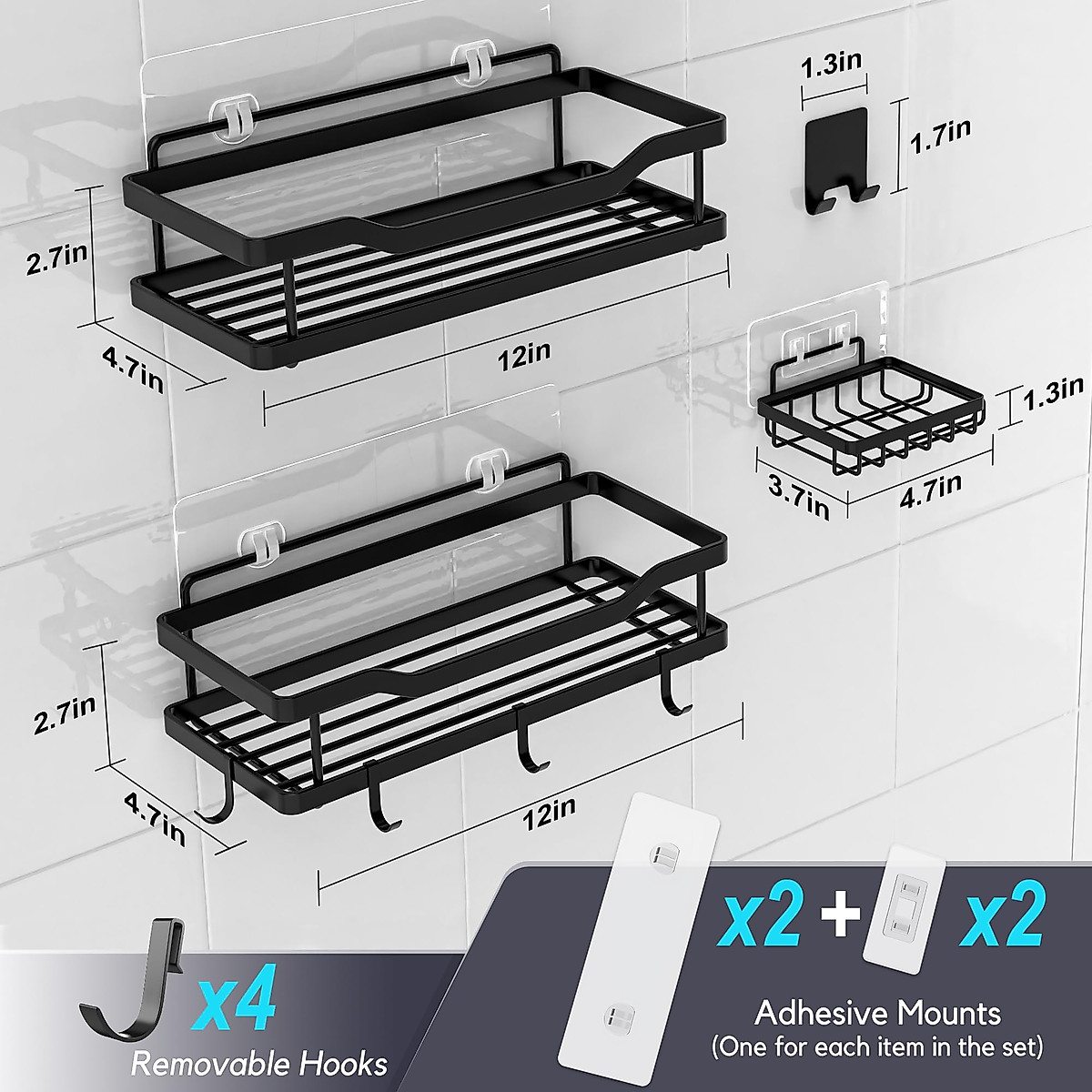 Ace Initiatives Shower Caddy 4 Pack, Adhesive Shower Organizer for Bathroom Storage & Kitchen, No Drilling, Large Capacity, Rustproof Stainless Steel Bathroom Organizer, Bathroom Shower Shelves