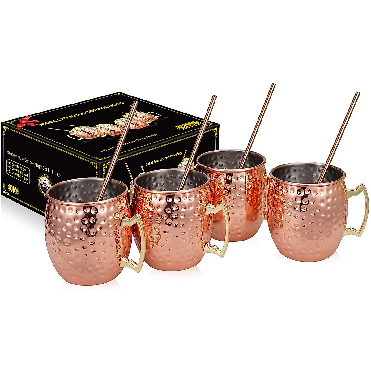 Widousy Moscow Mule Copper Mugs - Set of 4-HANDCRAFTED - Solid Copper Mugs 16 oz Gift Set with BONUS ：4 Cocktail Copper Straws