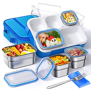 TIME4DEALS Bento Box Stainless Steel Lunch Box Set for Kids Adult 5-Compartment Leakproof Insulated Lunch Containers with Fork Lunch Bag Kits for School Works, Metal Lunchbox Tray BPA-Free (Blue)