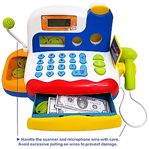 FUNERICA Toy Cash Register with Scanner, Microphone, and Interactive Calculator. Includes Grocery Food, Cuttable Fruit, Pretend Play Money - for Toddlers and Kids