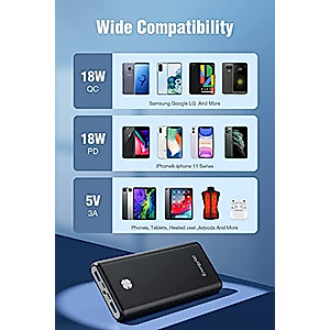 EnergyQC Pilot X7 Portable Charger,20000mAh 18W PD Fast Charging Power Bank,USB C Input/Output Battery Pack with LED Flashlight for iPhone,Samsung and More - Black