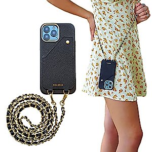 KELBRIA Crossbody iPhone 13 Pro Max Case with Card Holder for Women – Leather iPhone 13 Pro Max Case with Strap – iPhone 13 Pro Max Wallet Case for Women – Black Pebble Leather