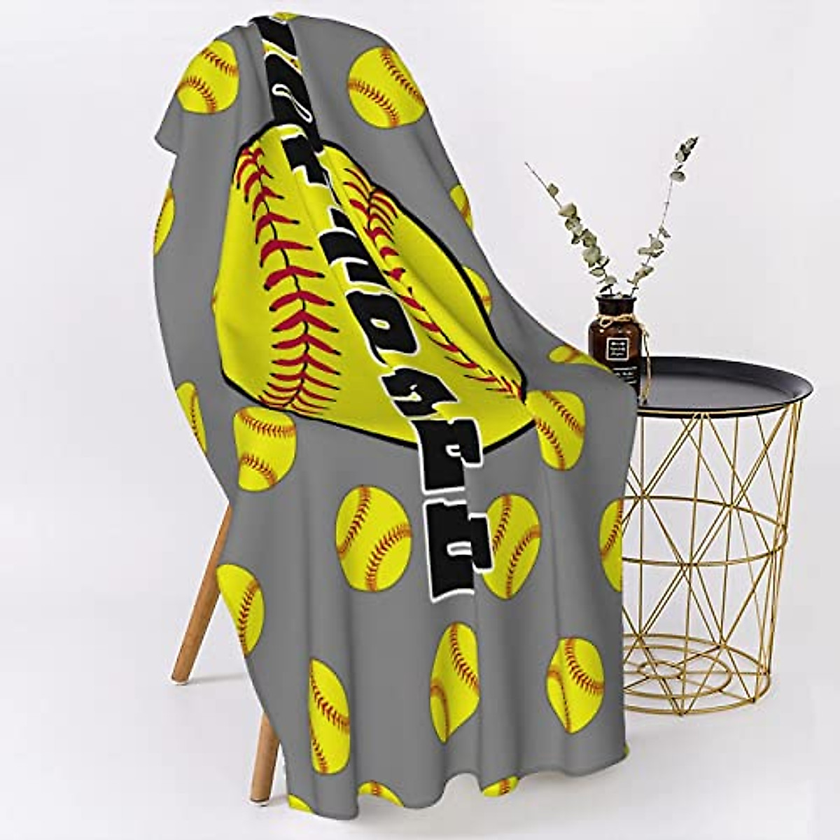 LOTSFUNS Softball Beach Towel Yellow Softball Sports Balls on Grey Bath Towels, Personalized Softball Accessories for Girls Kids, Lightweight Quick Dry Sandproof Pool Towels, Oversized 31.5x51.2