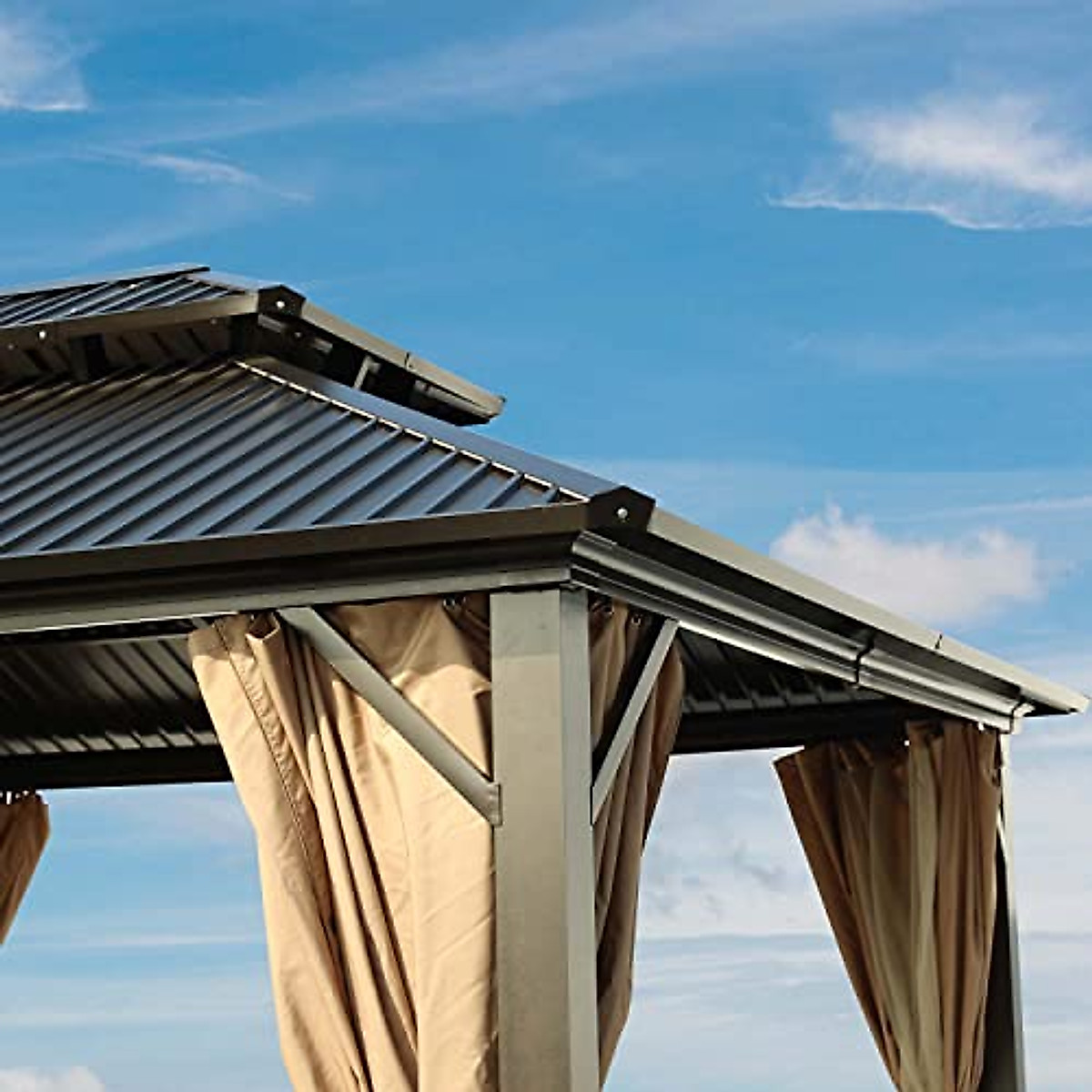 Aoodor 10' x 12' Gazebo Hardtop Roof, Aluminum Frame with Mosquito Netting and Curtain for Garden Patio, Black