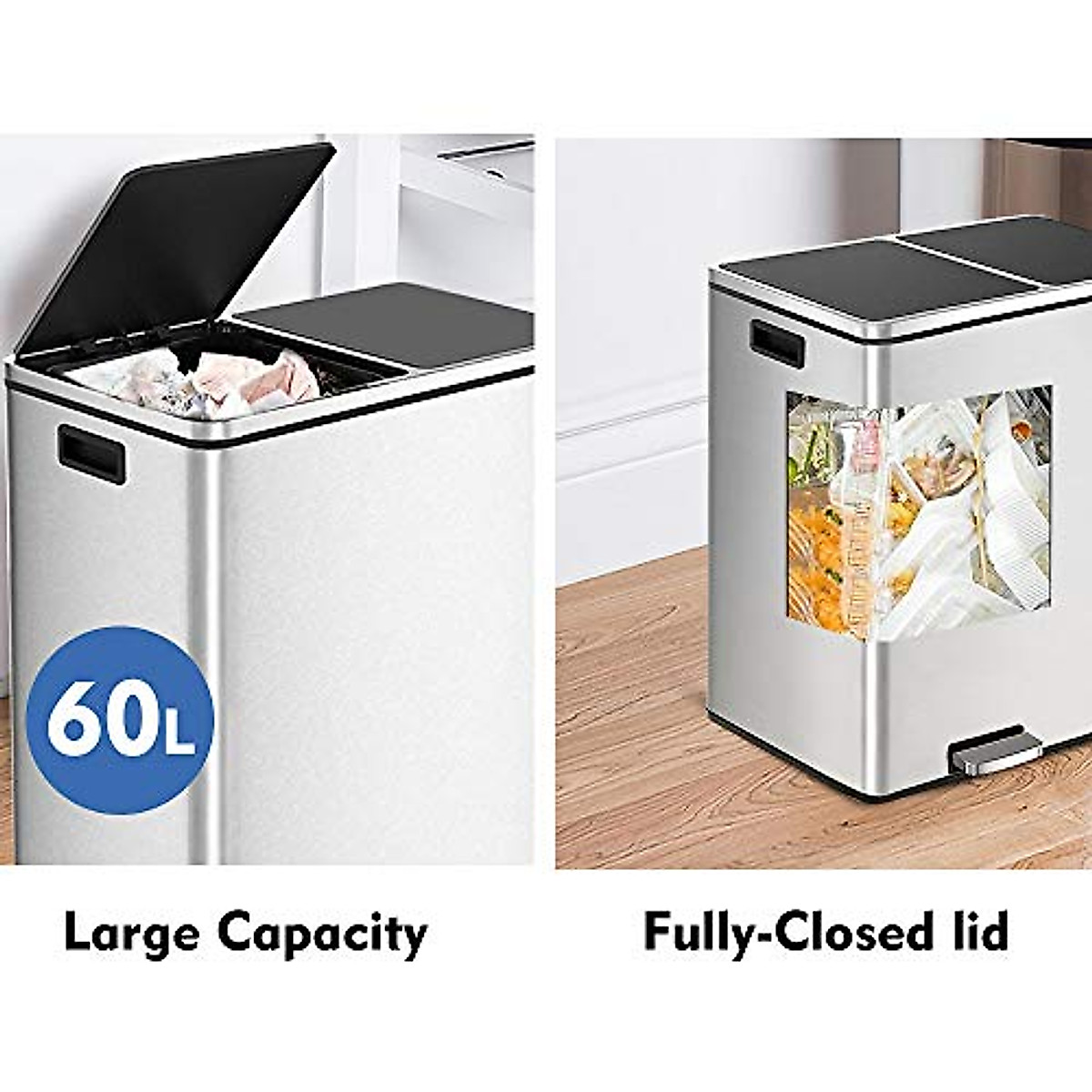 HEMBOR Dual Trash Can, 16 Gallon (2X30L) Step Rubbish Bin, Stainless Steel Double Compartment Classified Recycle Garbage Pedal Dustbin, Suit for Bathroom Kitchen Office Home, Indoor and Outdoor