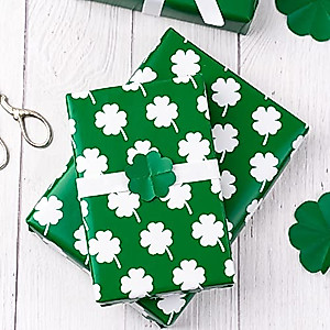 WRAPAHOLIC Reversible Wrapping Paper - Mini Roll - 17 Inch X 33 Feet - St. Patrick Green and White Lucky Clovers Design for Celebration, Baby Shower