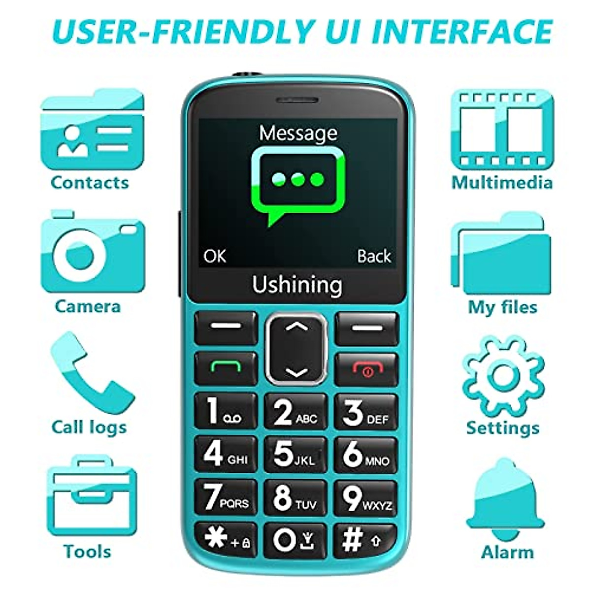 USHINING 4G Senior Cell Phone Unlocked SOS Big Button Senior Basic Phone 2.4 Inch Large Screen High Volume Unlocked Mobile Phone for Elderly with Charging Dock (Emerald Green)