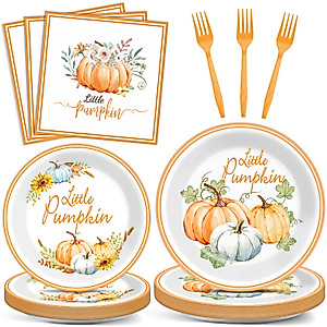 ZOIIWA 96 Pcs Little Pumpkin Baby Shower Tableware Set Thanksgiving Party Supplies Gender Reveal Dinnerware Pumpkin Baby Shower Party Disposable Fall Plates Napkins Party Decorations Serves 24 Guests