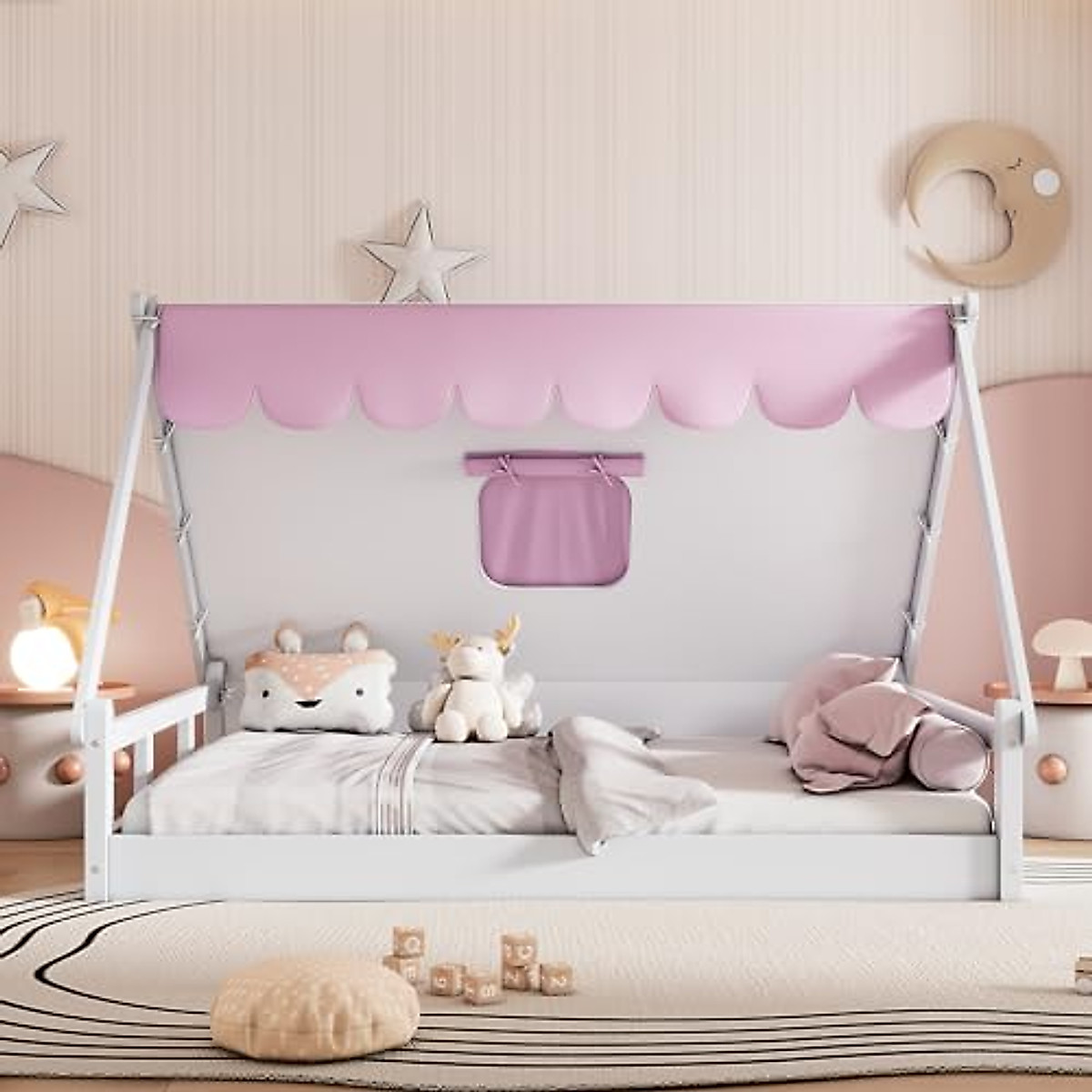 VilroCaz Wooden Full Size Tent Bed with Fabric for Kids Boys Girls, House Floor Bed Montessori Bed with Fence and Roof, Low Floor Bed Frame, Easy Assembly (Pink Fabric)
