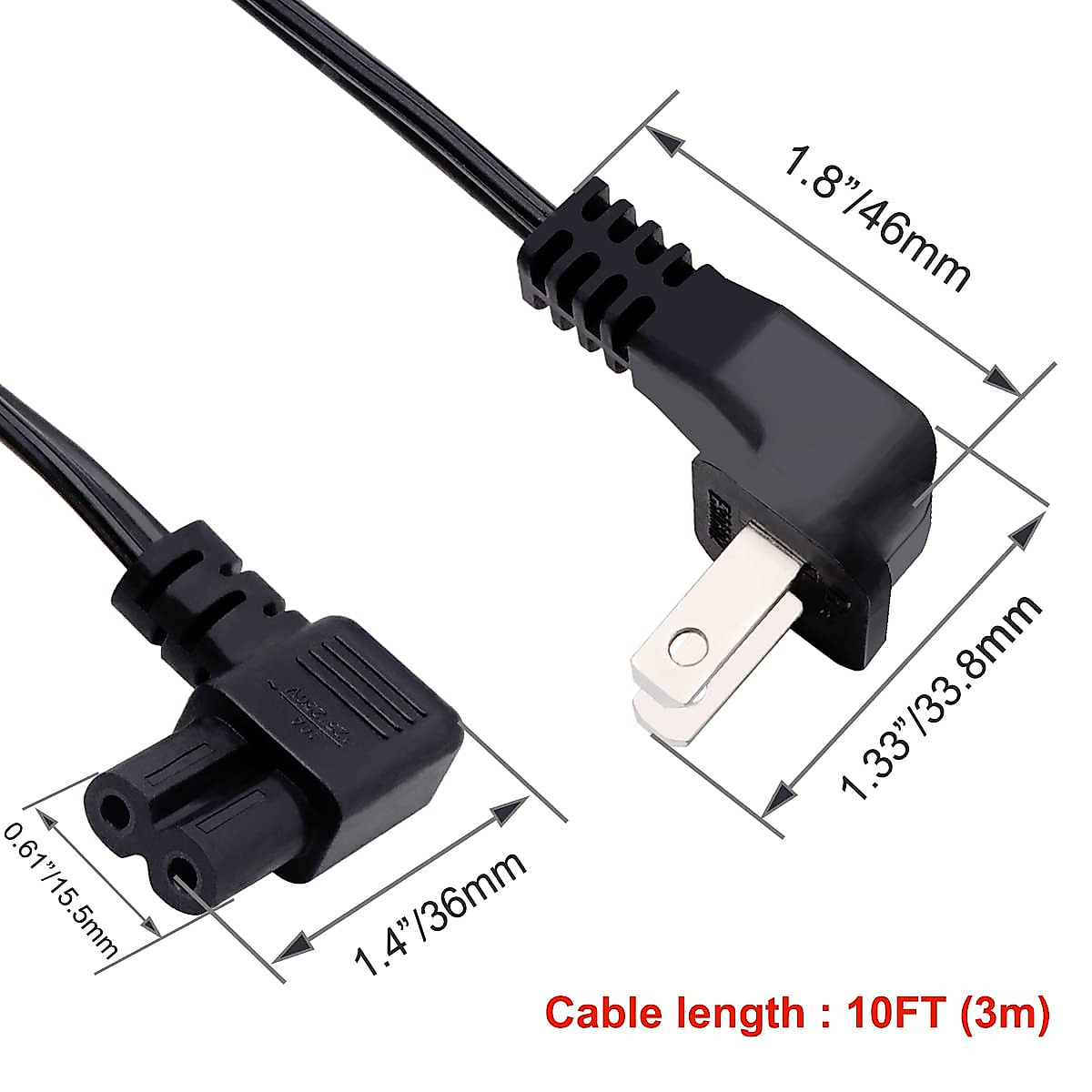 Taiss TV Power Cord, 10ft (3m), 90° Angle 2-pin to L-Shaped Power Cord Replacement, Suitable for AC Power Cords Such As 18AWG LED TVs