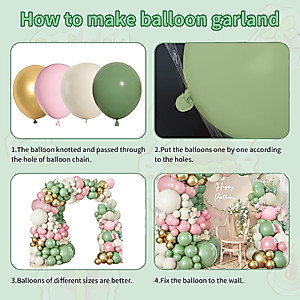 Sage Green Pink Balloon Garland Kit, Olive Green Pastel Pink Metallic Gold Sand White Balloon for Wedding Bridal Shower Girl Birthday Engagement Jungle Woodland Party Safari Baby Shower Decorations