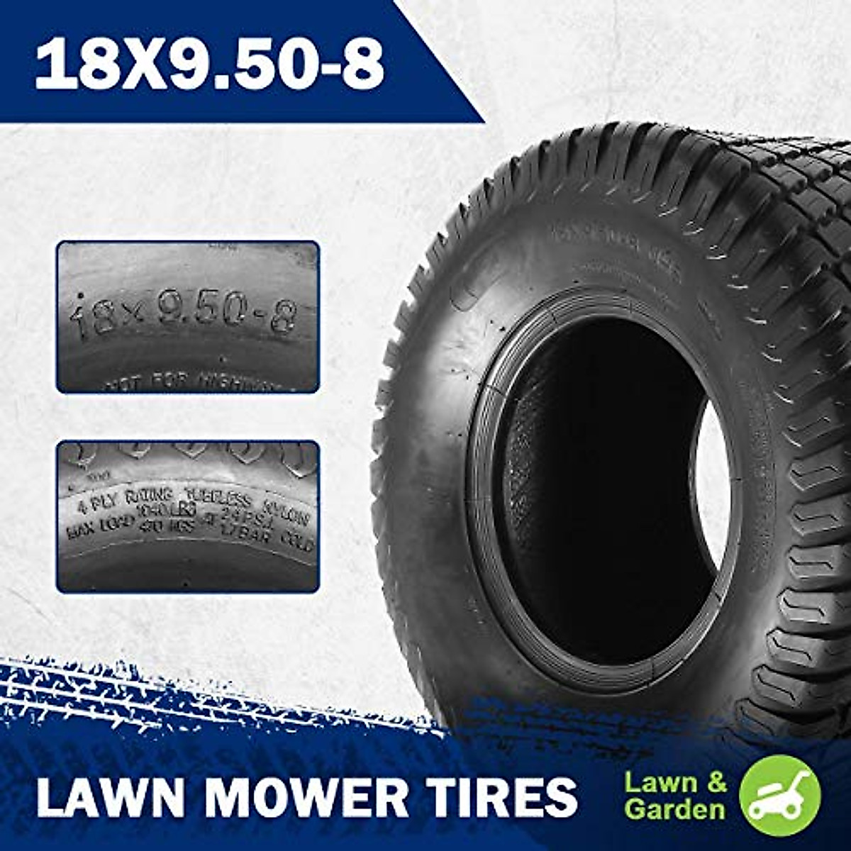 MaxAuto 18x9.50-8 Lawn Mower Tires,18x9.50-8 Lawn Tractor Tire, 18-9.50-8, 18x9.50 8nhs, 18x9.5-8 Tire for Lawn Mowers, 4 Ply Tubeless Tire, 1040lbs Capacity, Set of 2