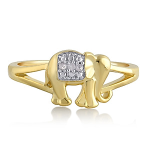 DiamondMuse Elephant Design Crafted Fashion Ring Yellow Gold Plated Prong Set Diamond Accent Jewelry for Women Girls Mom