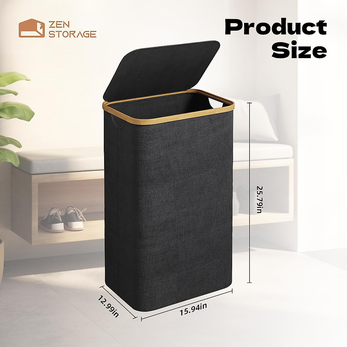 Laundry Hamper with Lid, 90L (23Gal) Large Large Clothes Hamper with removable bag and Bamboo Handles, Tall Hamper with Lid for Bedroom and Bathroom, Black
