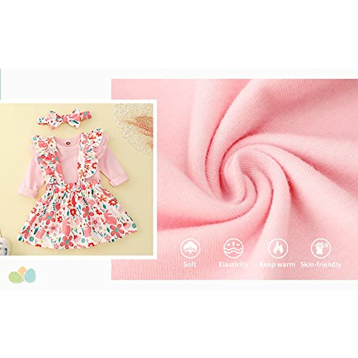 TUEMOS Baby Girl First Easter Outfits Long Sleeve Romper Bunny Suspender Skirt Easter Newborn Clothes Set Flower Pink 3-6 Months