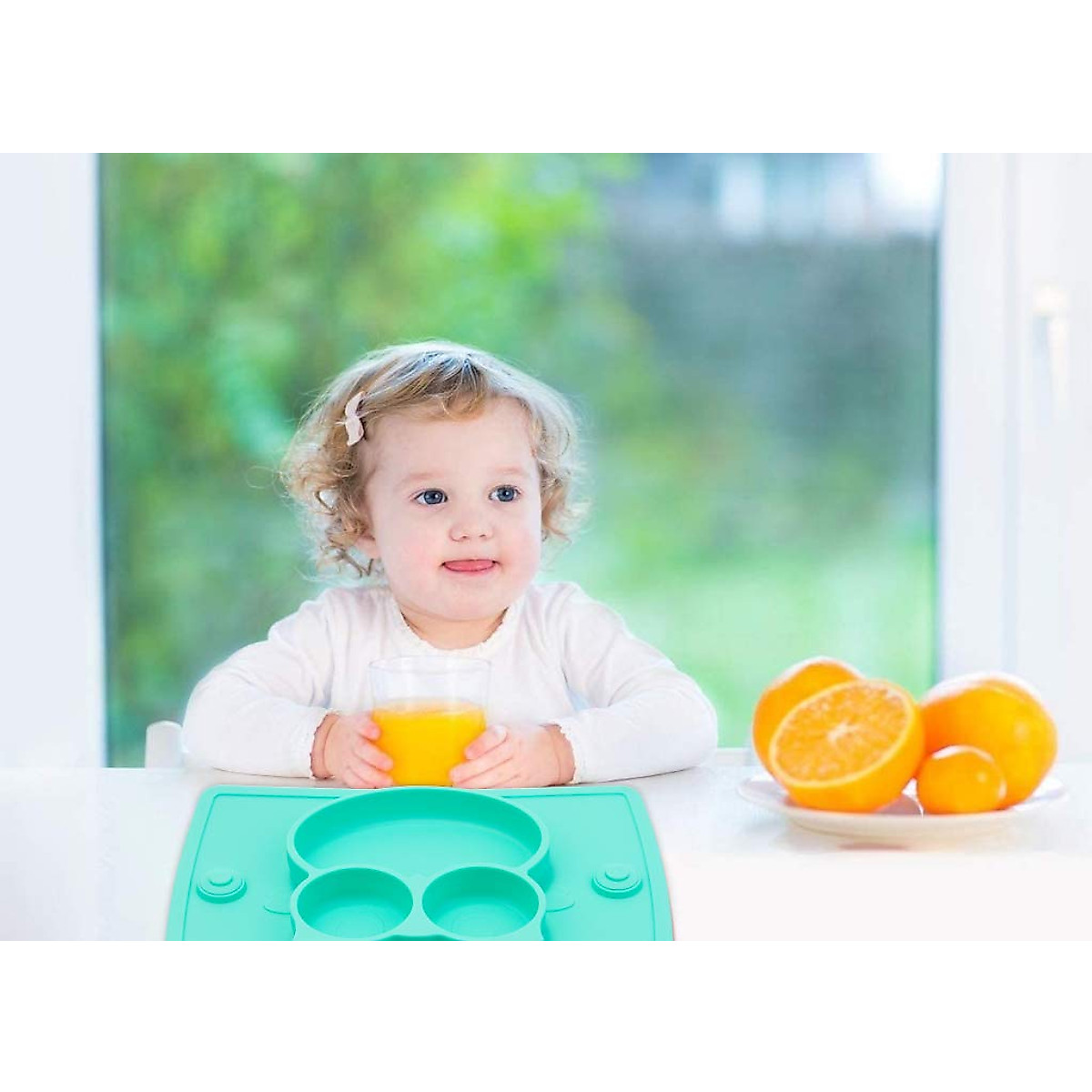 Silicone Divided Toddler Plates - Portable Non Slip Suction Plates Placemat for Children Babies and Kids BPA Free Baby Dinner Plate Bowl (Owl-Cyan)