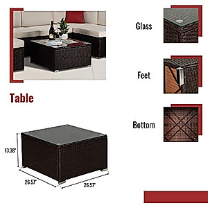 7 Pieces Outdoor Sectional Sofa Set, Brown PE Rattan Wicker Sectional Beige Cushioned Sofa Sets with 2 Red Pillows Patio Conversation Set with Glass Table for Lawn, Backyard, and Poolside