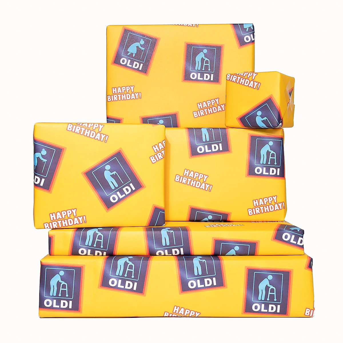 CENTRAL 23 - Funny Wrapping Paper - 6 Sheets of Gift Wrap - 'Happy Birthday Oldi' - Blue Yellow - For Husband Wife - Mom Dad - Recyclable
