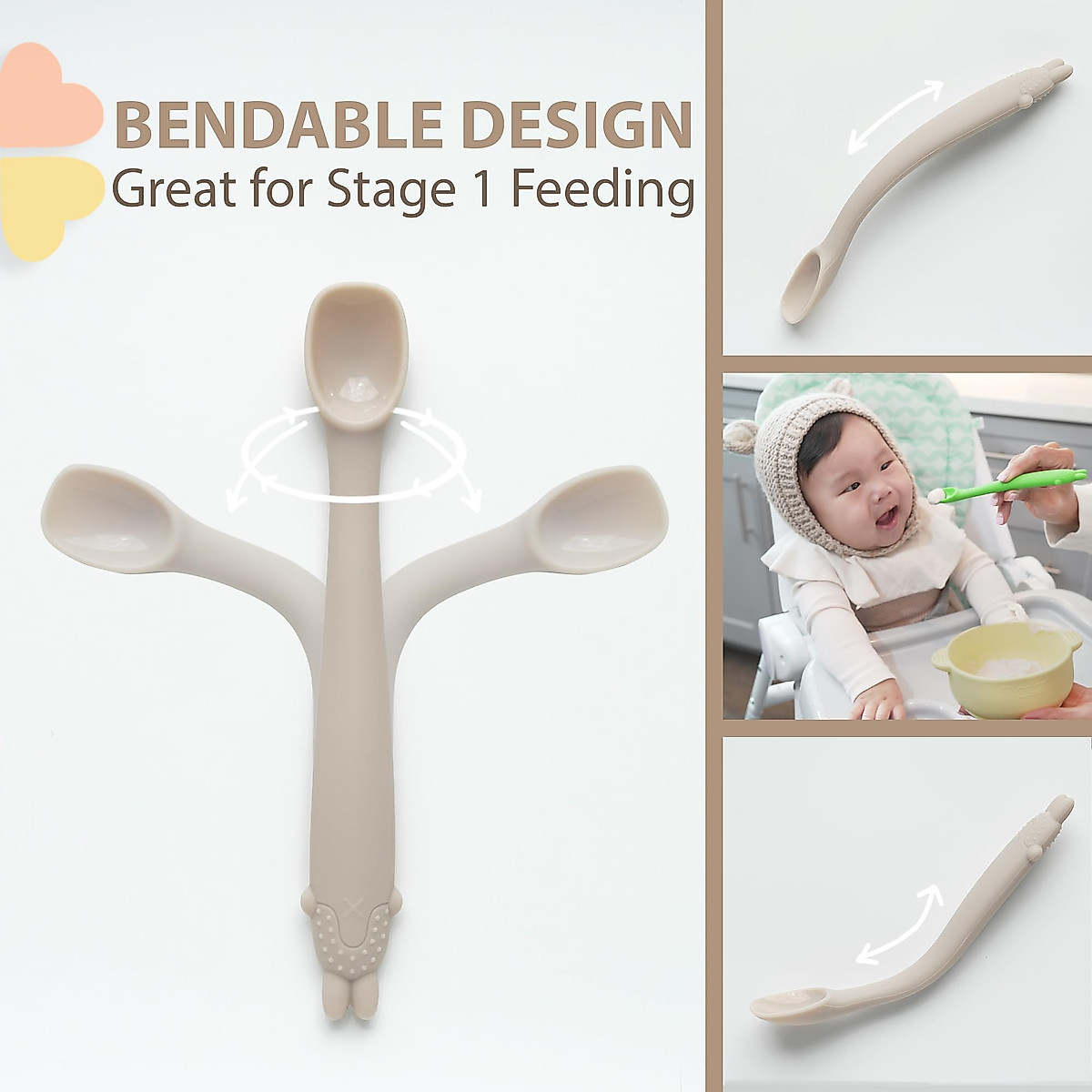Silicone Baby Feeding Spoons-First Stage, Bendable Utensils for Infant & Parent-Baby Led Weaning, Toddler Self-Feeding & Training-Soft-Tip, Chewproof Teether l 4 Months + [5 Pack with a Portable Case]