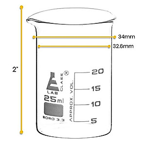 EISCO Beaker, 25ml - Low Form with Spout - White, 5ml Graduations - Borosilicate 3.3 Glass