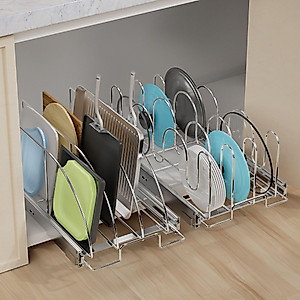 ROOMTEC Slide Out Pan and Pot Lid Organizer for Cabinet, Kitchen Pull Out Pot Lid Rack Pantry Cutting Board Bakeware Cookware Holder - 11in. W x 21in. D - Chrome