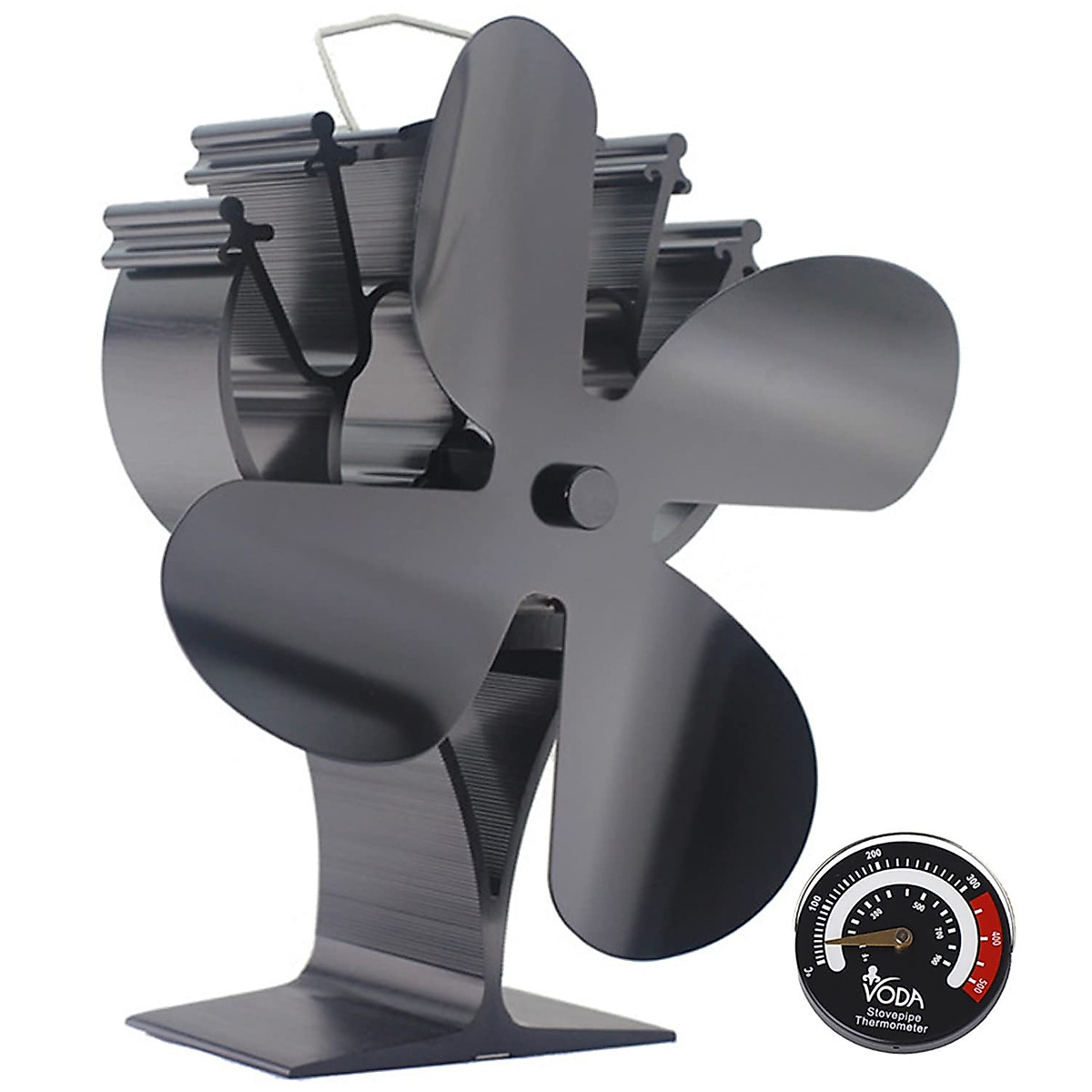 VODA Newly Upgrade 4 Blades Heat Powered Stove Eco Fan with Magnetic Thermometer for Wood Log Burner Fireplace