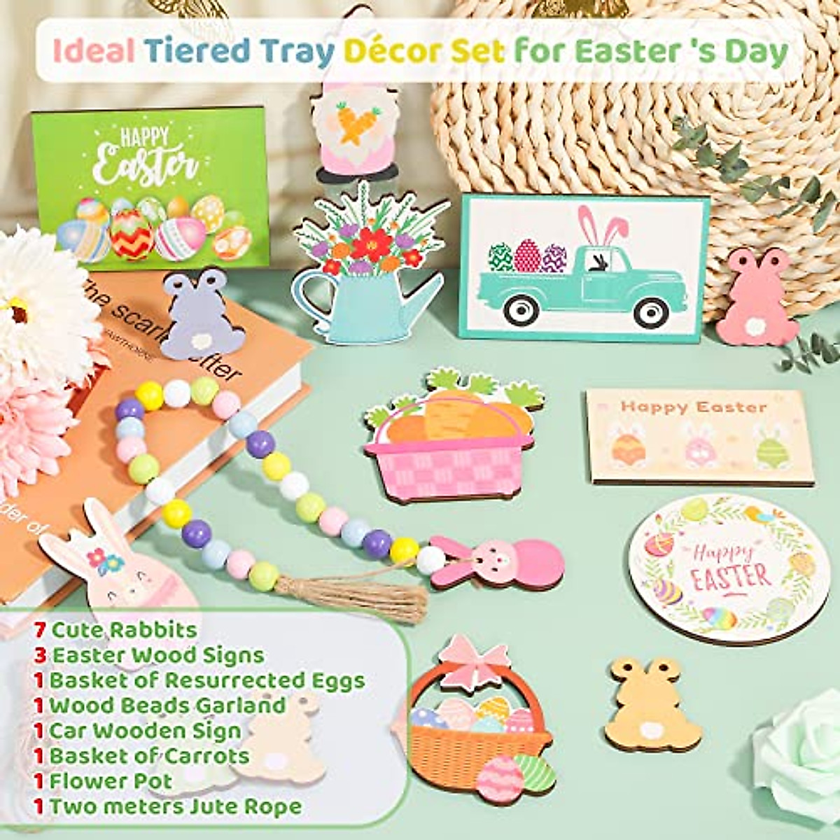 15Pcs Easter Tiered Tray Decor, Lucomb Easter Decorations Happy Easter Wood Signs Truck Full of Eggs, Farmhouse Signs Carrot Egg Bunny Decor for Easter Day Home Farmhouse Rustic Spring Decorations