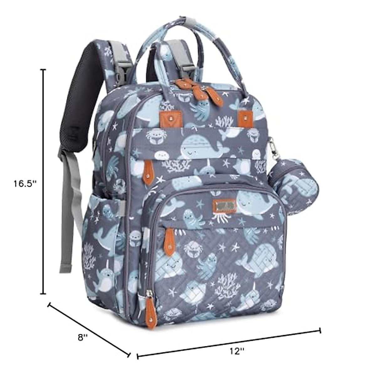 BabbleRoo Diaper Bag Backpack - Baby Essentials Travel Tote - Multi function Waterproof Diaper Bag, Travel Essentials Baby Bag with Changing Pad, Stroller Straps & Pacifier Case - Unisex, Sea Animals