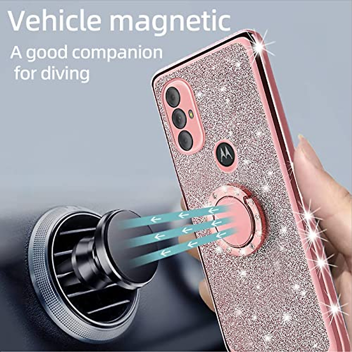 KuDiNi for Moto g Pure Phone Case, Moto g Power 2022 Case Moto G Play 2023 Case for Women Glitter Clear TPU Luxury Bling Protective Cover with Kickstand Strap for Moto g Pure(Glitter Rose)