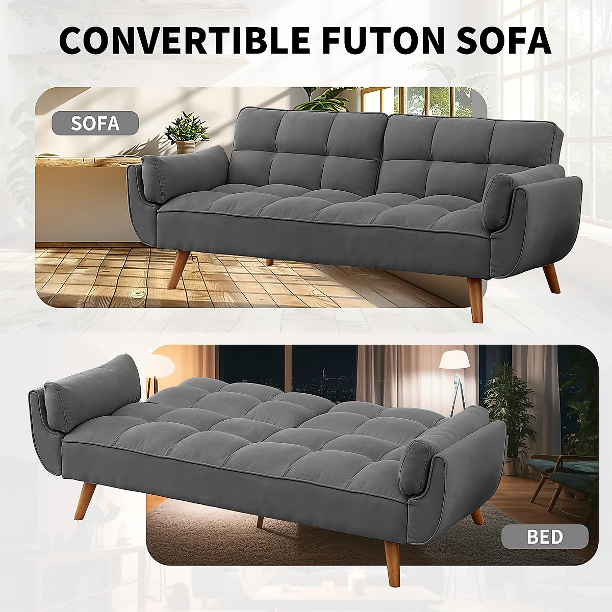 Homies Life Convertible Futon Sofa Bed, Linen Sleeper Couch, 75" W Modern 3 Seater Tufted Sofa with Solid Wood Legs and Adjustable Backrests for Small Spaces, Living Room, Bedroom, Dark Gray