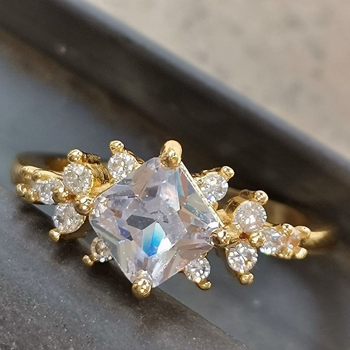 GUIDECUN Simple Yellow Gold Plated White Princess Cushion Cut CZ Tiny Ring Women's Engagement Jewelry Gifts for her (US Size 7)