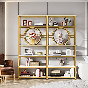 Tribesigns 6-Tier Bookshelf, 74.2" Tall Bookcase Metal Book Shelf, Freestanding Storage Shelves Modern Bookshelf for Home Office Living Room Bedroom (White/Gold, 1PC)