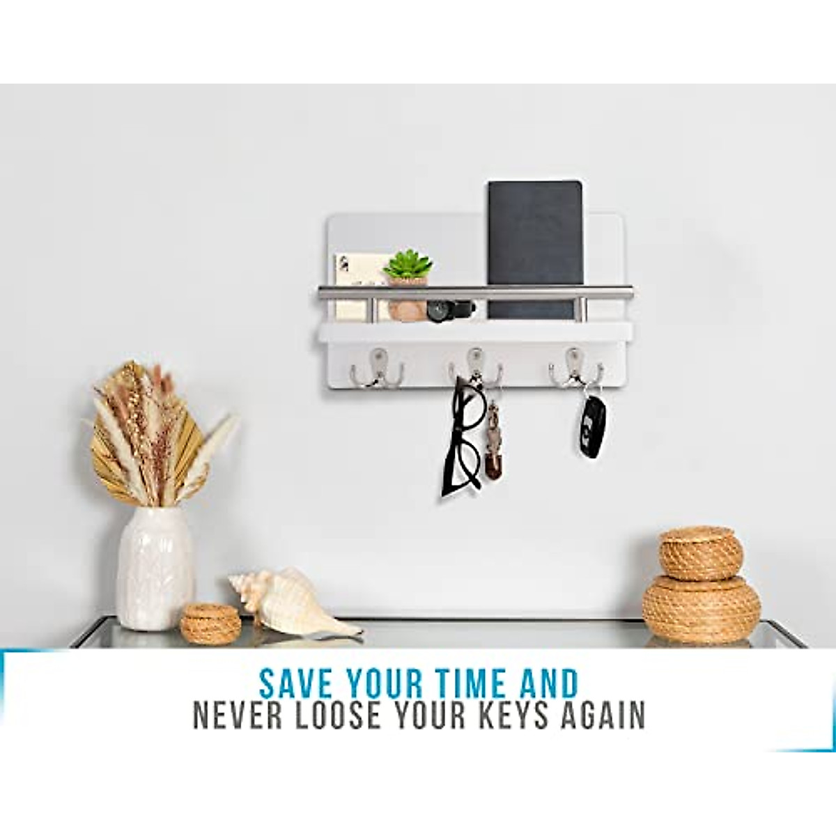 Comfify Key Holder for Wall - Natural Pine Wood Texture, Modern Decorative Finish, Metal Key Hooks with Mail Organizer/Sorter Slot White